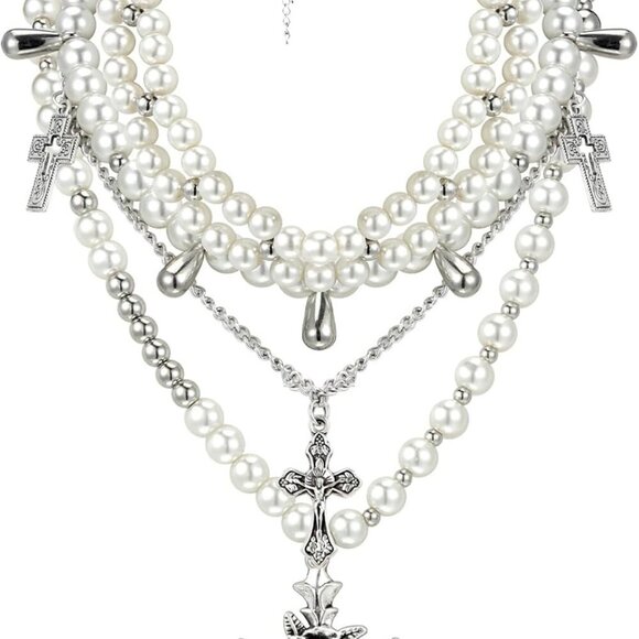 Jewelry | 3 Pcs Pearl Layered Gothic Cross Necklaces For Women White ...